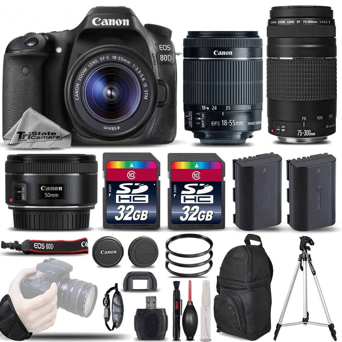 Canon EOS 80D DSLR Camera with 18-55mm STM Lens + 75-300 III + 50mm 1.8 + 64GB - Walmart.com