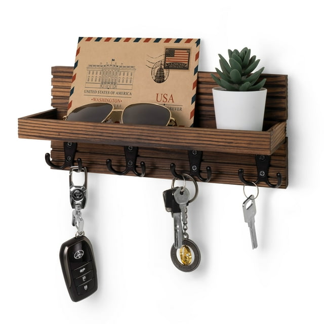 NAUMOO Wooden Key Holder for Wall, 4 Double Key Hooks & Shelf, Pine ...