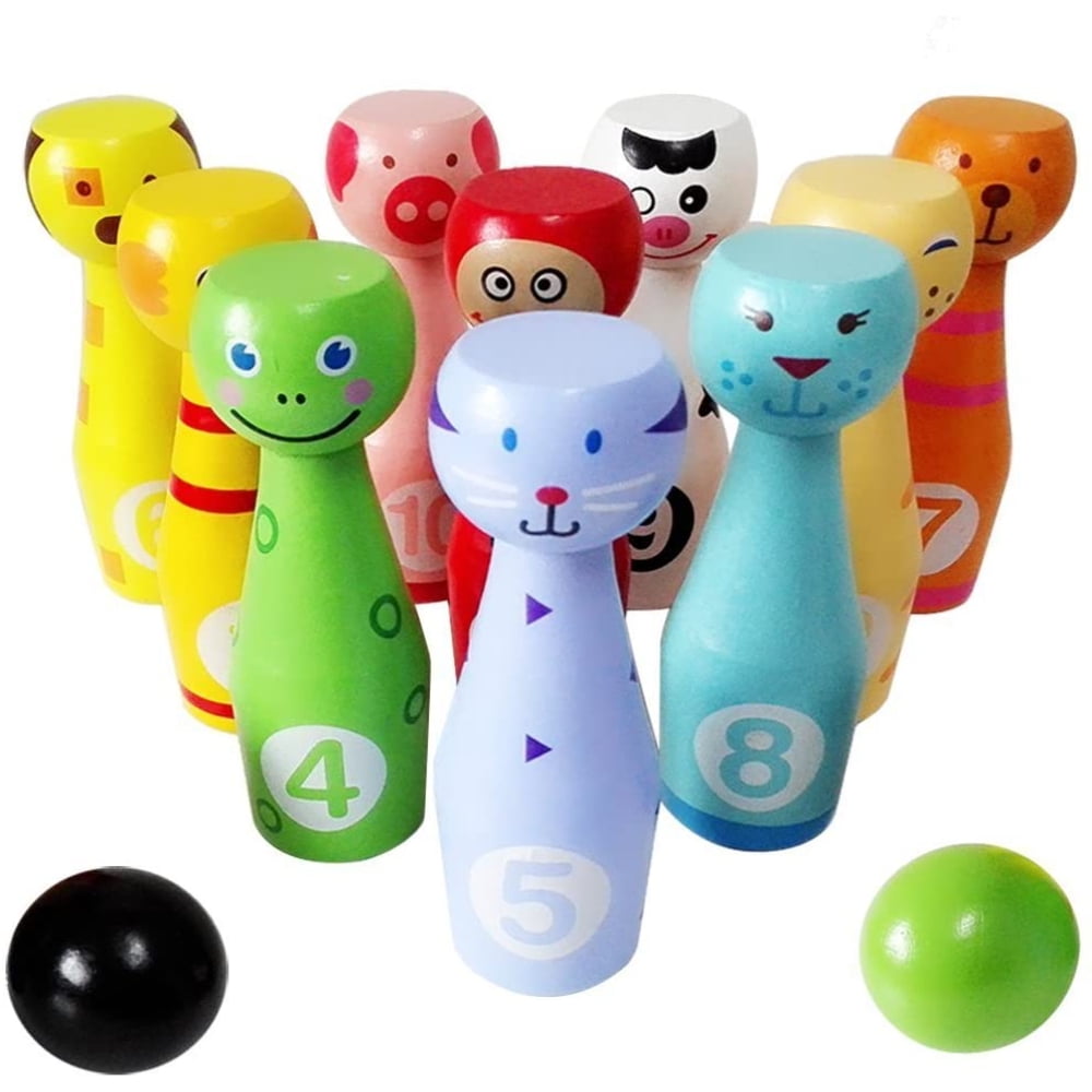 SUTNEG Large Wooden Bowling Set Kids Skittles Toys for Toddlers Blocks ...