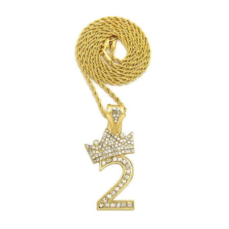 Stone Stud Tilded Crown Number Pendant with 2mm 24" Rope Chain Necklace ...