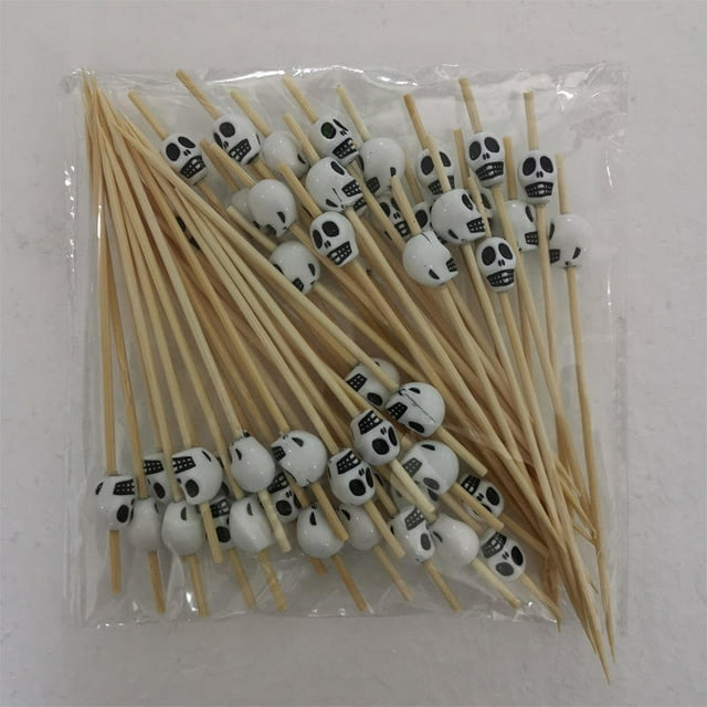 50Pcs Halloween Skull Bamboo Pick Buffet Fruit Fork Party Dessert Stick ...