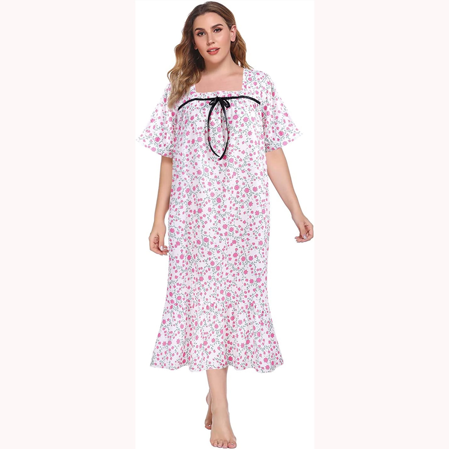 WBQ Women's Plus Size Nightgown Short Sleeve Casual House Dress Vintage ...