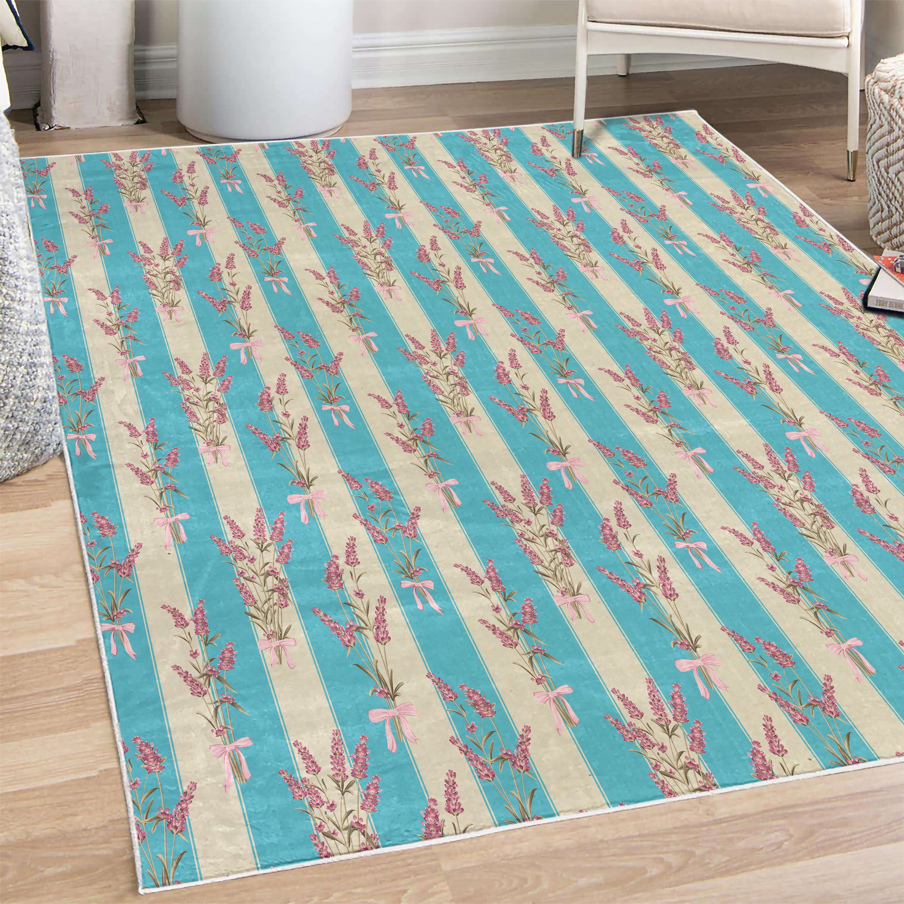 Lavender Decorative Rug, Stripes and Flowers Ribbons Romantic Country ...