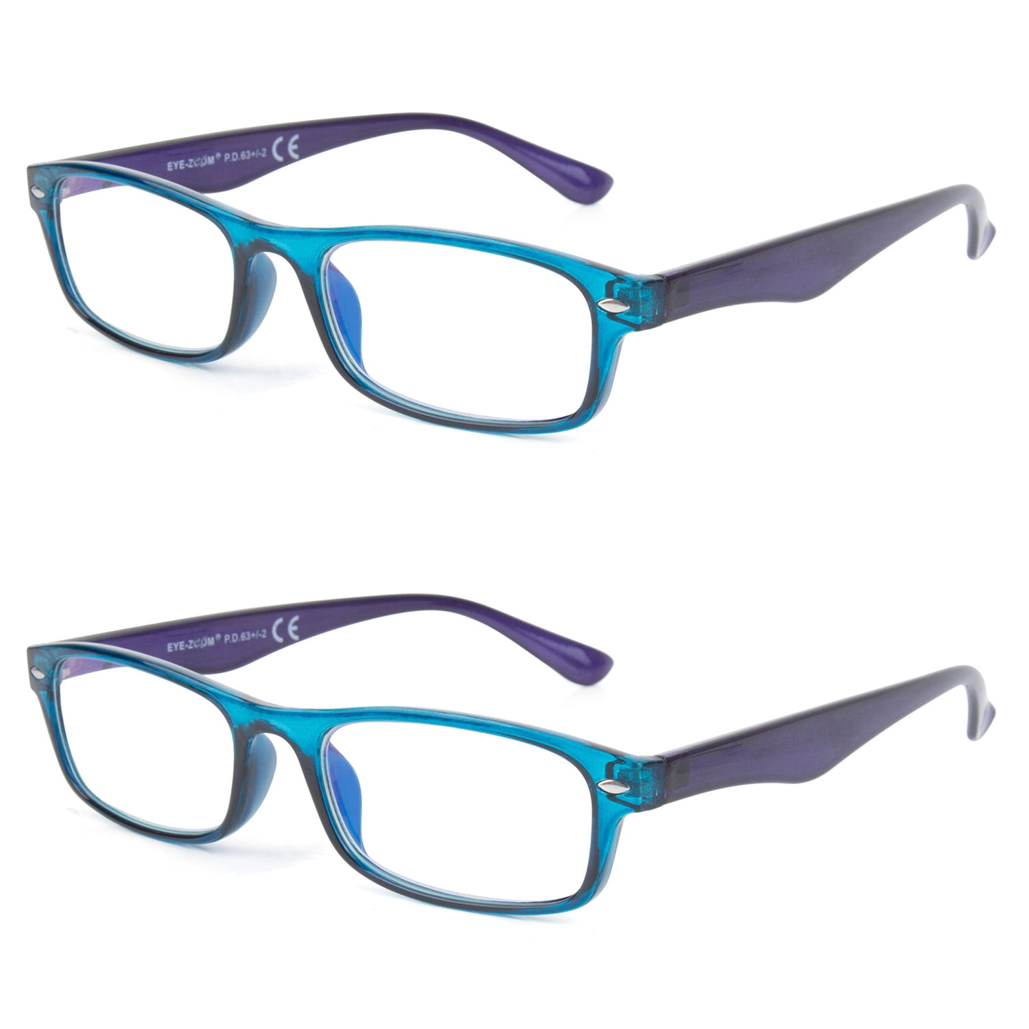 EYE ZOOM 2 Pack Blue Light Blocking Eyeglasses Rectangular Plastic Anti ...
