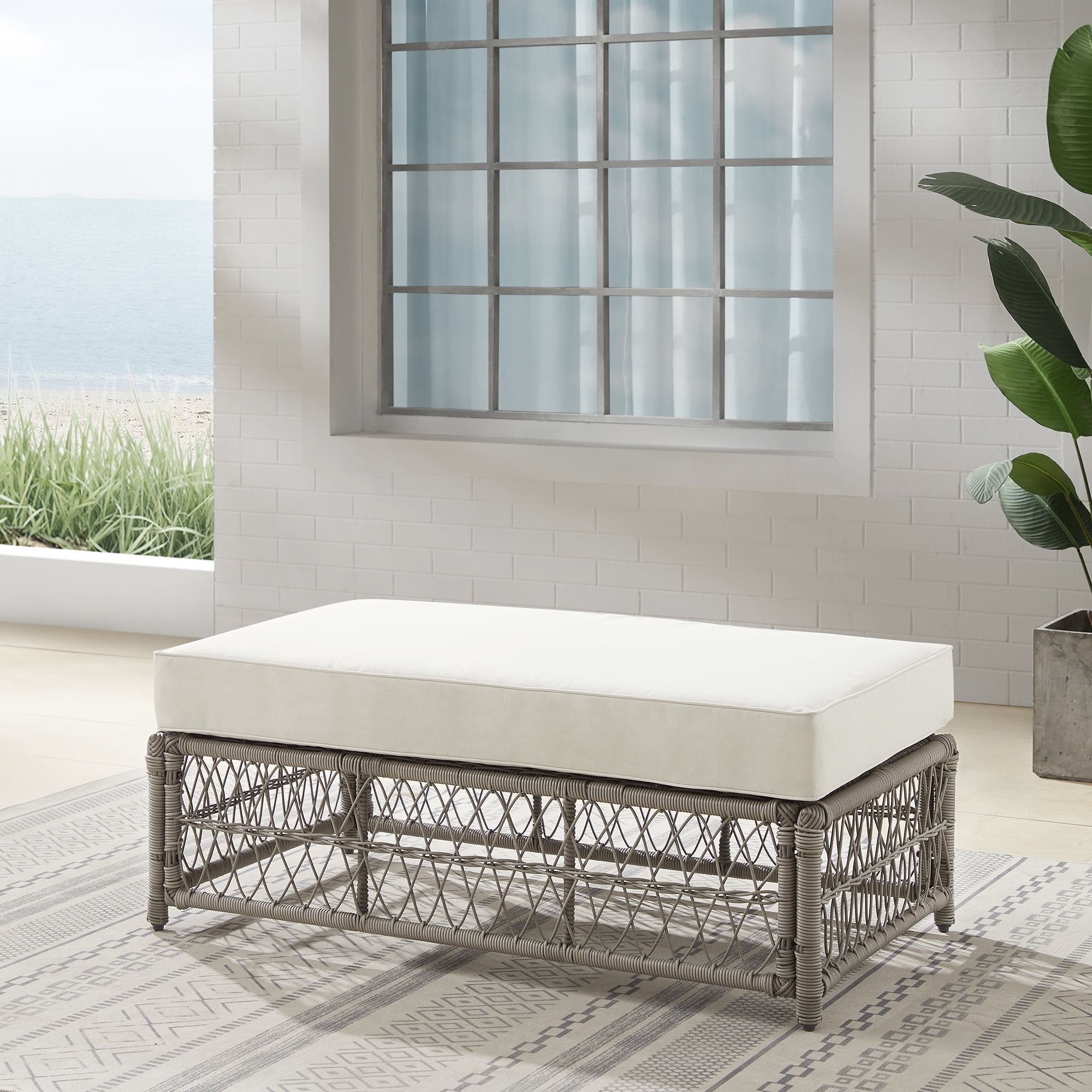 Thatcher Outdoor Wicker Coffee Table Ottoman Creme/Driftwood - Walmart.com