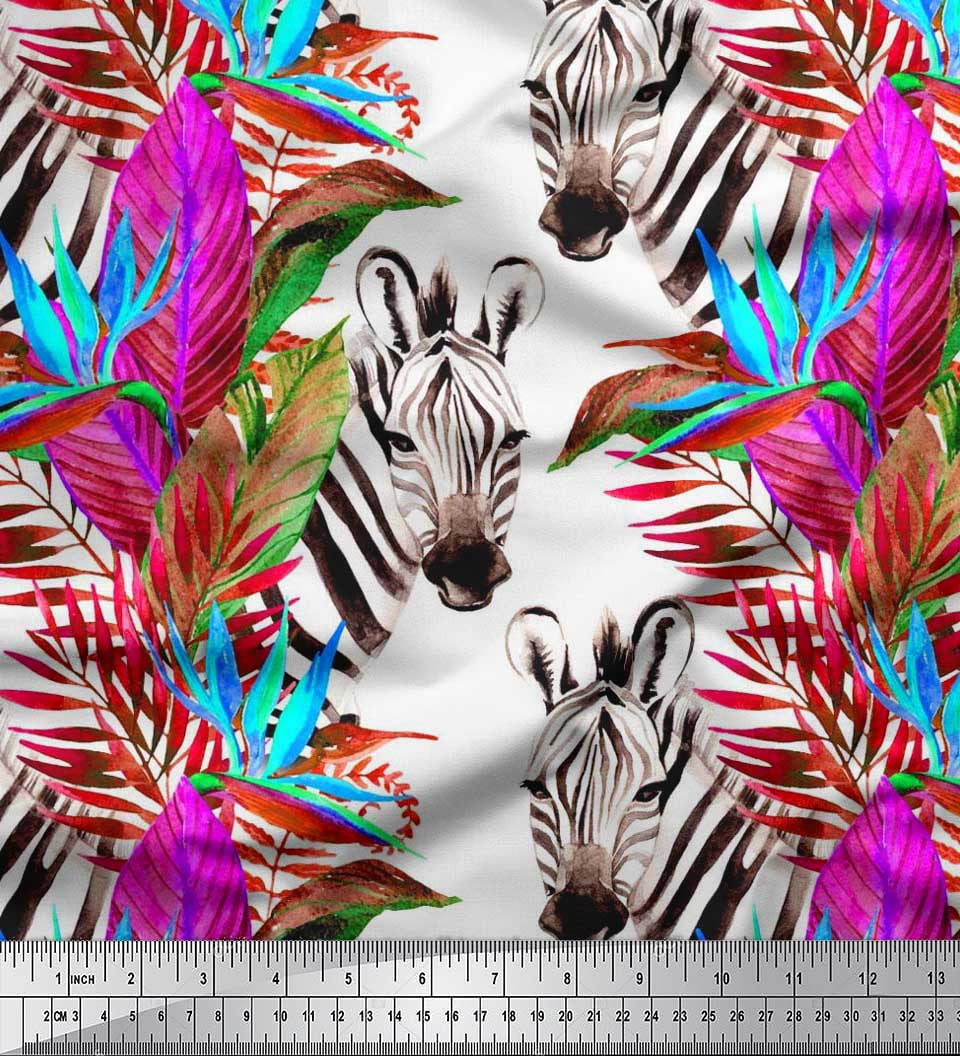 Soimoi White Silk Fabric Tropical Leaves & Wild Animal Print Fabric by ...