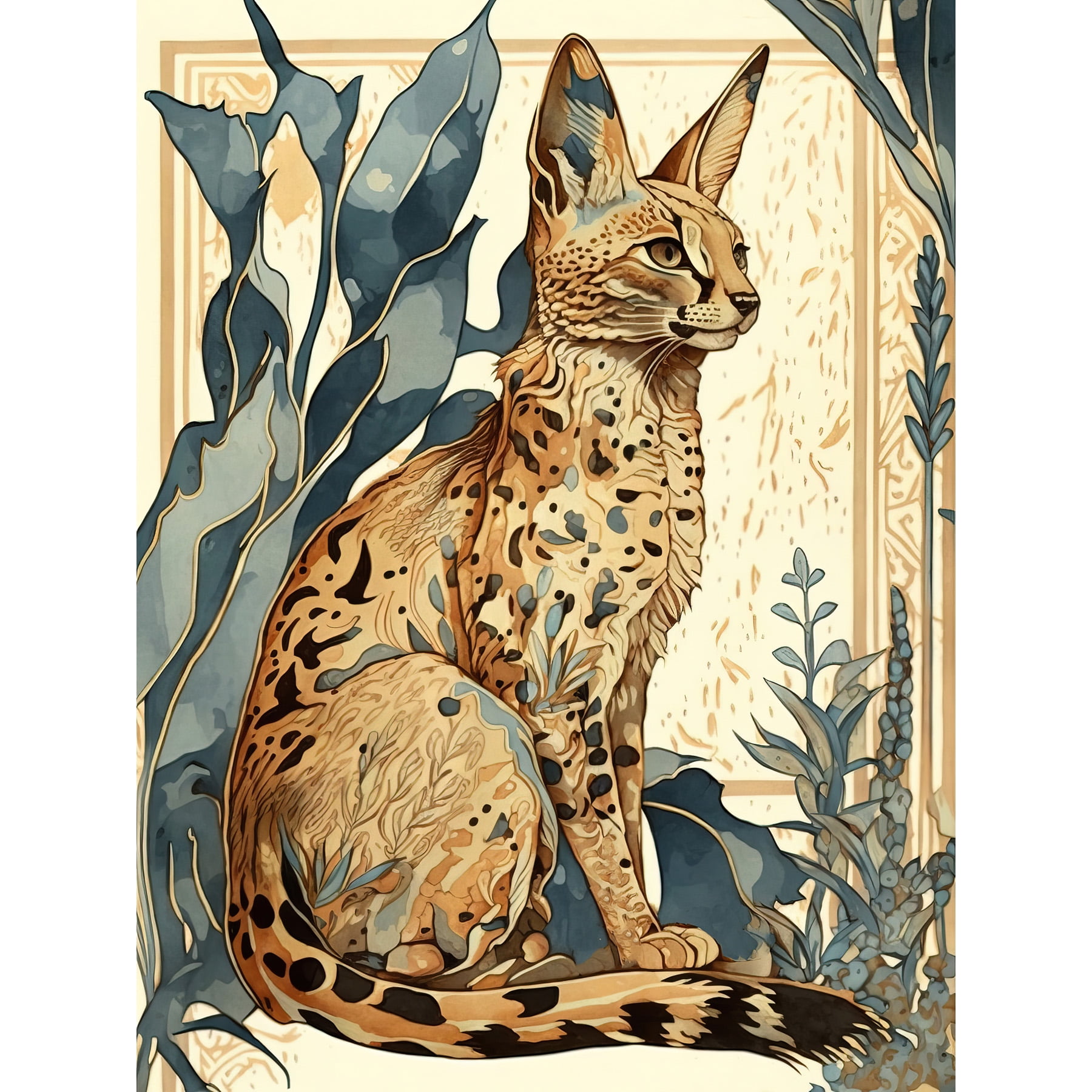 Serval Cat with Teal Plants Watercolour Portrait Modern Illustration ...