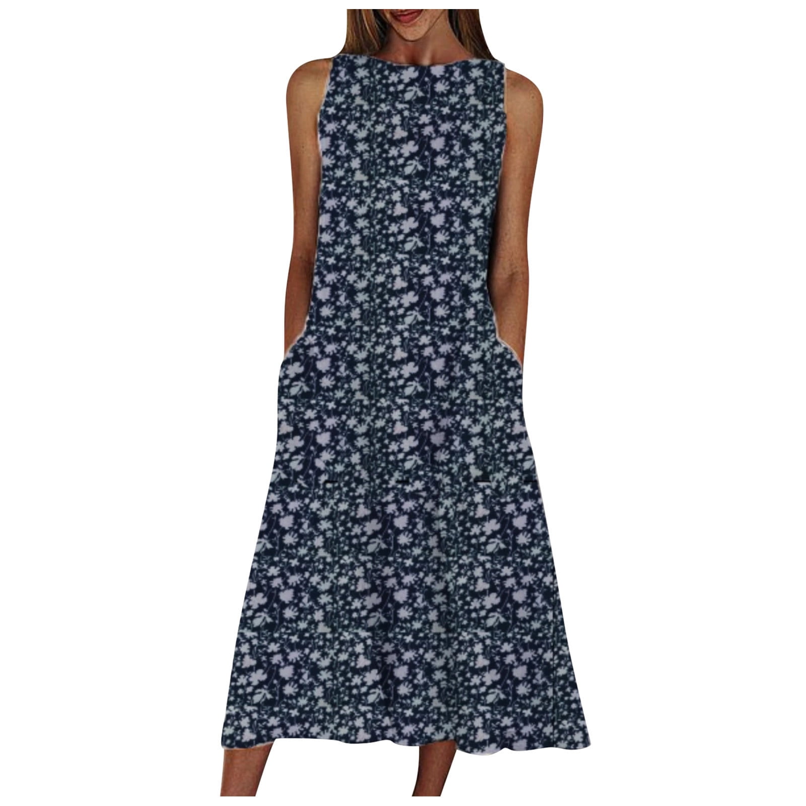 USSUMA Womens Sundresses Summer Casual Boho Pleated Knee Length Swing ...