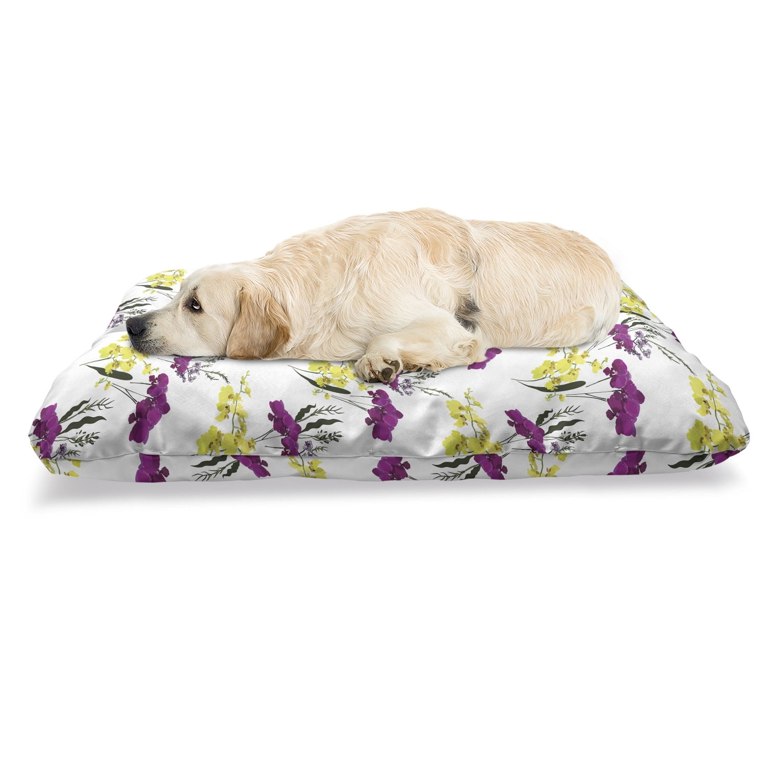 Flowers Pet Bed, Floral Theme Natural Motif Yellow and Purple Orchids ...