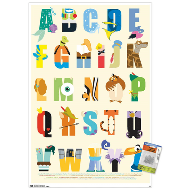 Disney Characters as the Alphabet Wall Poster with Push Pins, 22.375" x ...