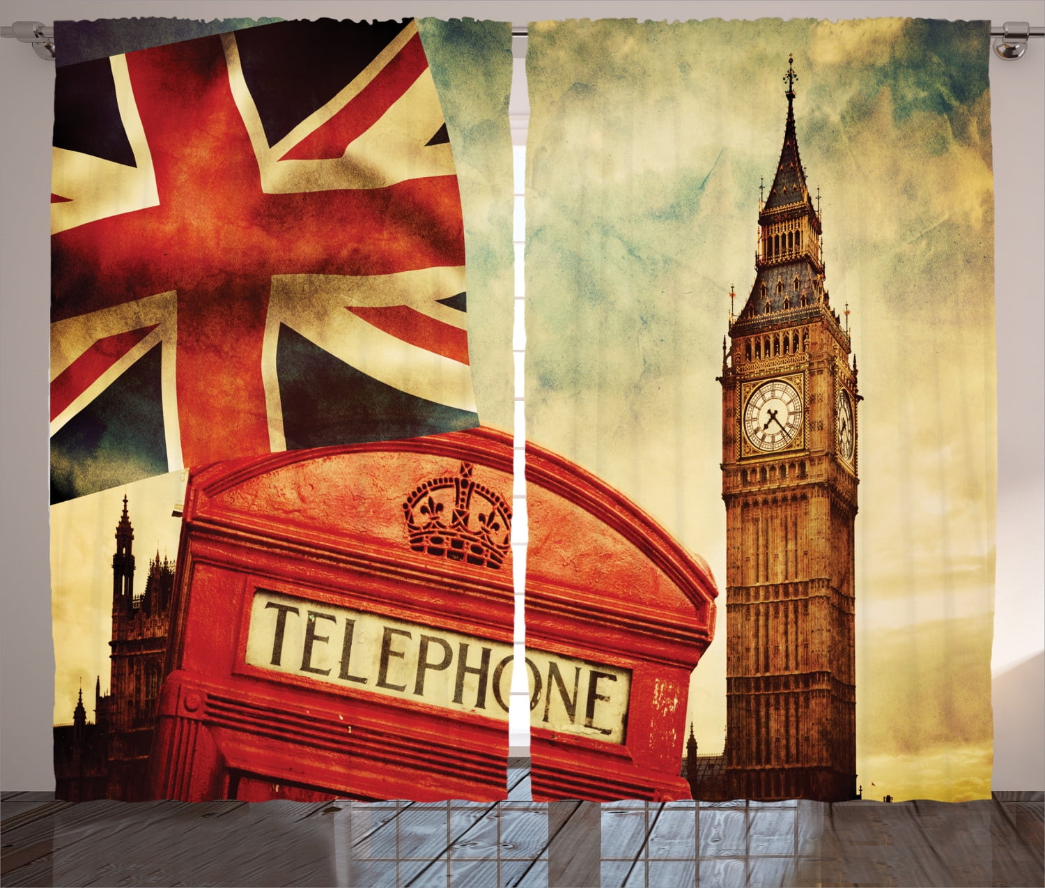 London Decor Curtains 2 Panels Set, Famous Telephone Booth and the Big ...