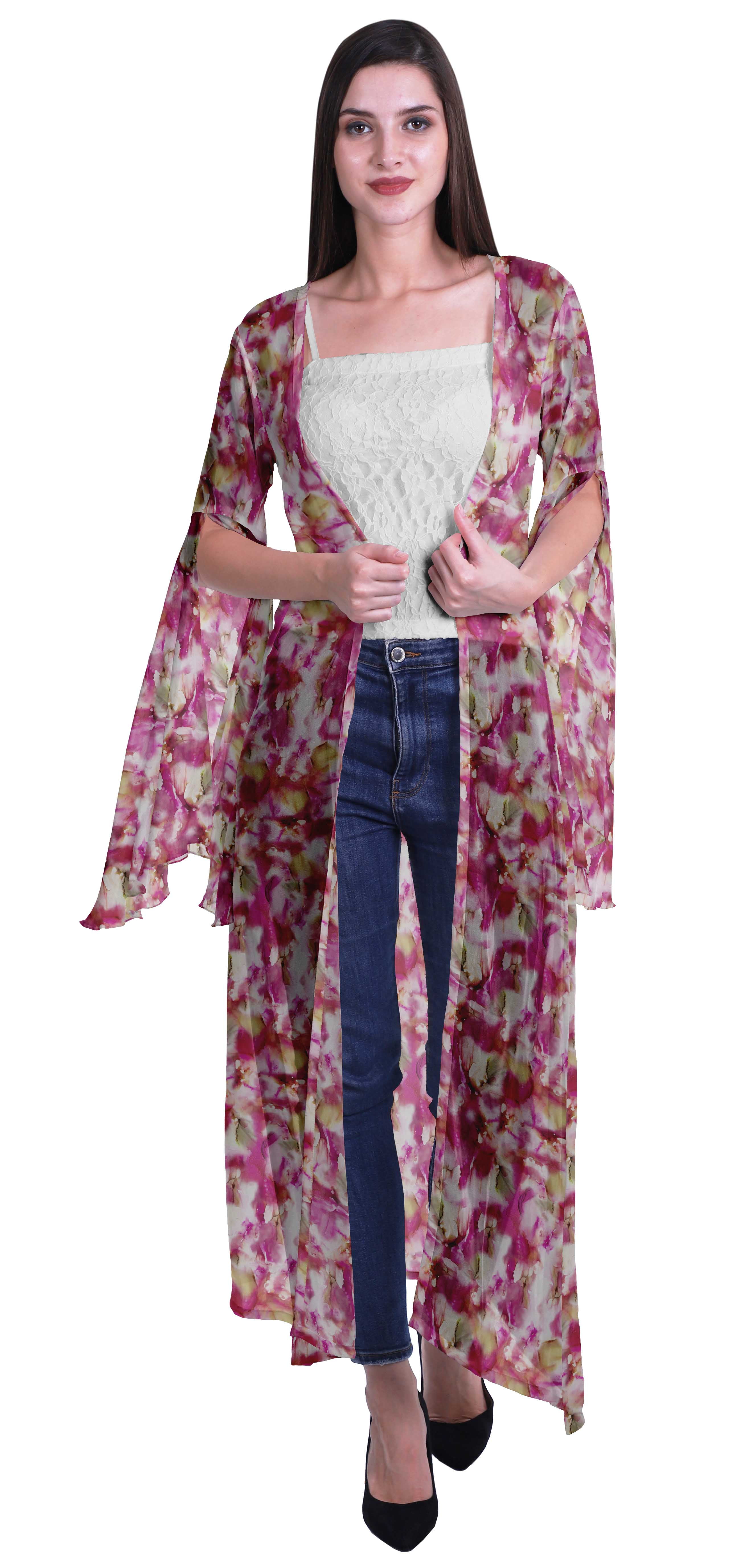 Moomaya Open Front Printed Georgette Shrug Slit Sleeve Beach Cover Up ...