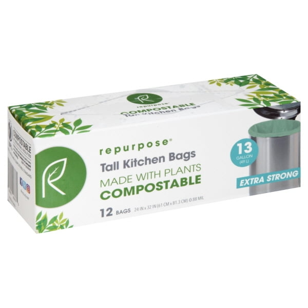 Repurpose 100% Compostable Plant Based Tall 13 Gallon Kitchen Waste ...