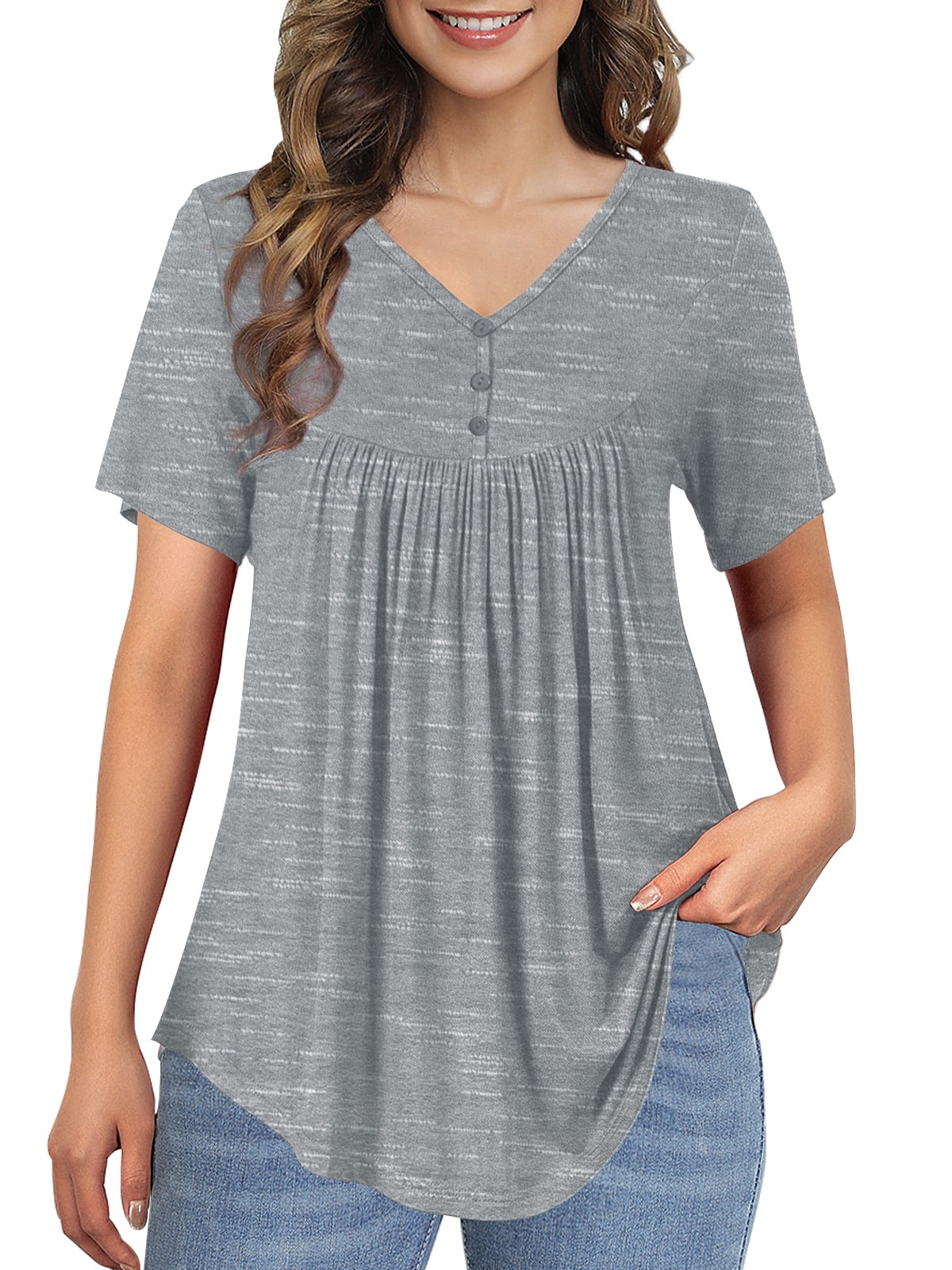 McVanedy Women's Pleated Flare Top V Neck Button Plus Size Short Sleeve ...