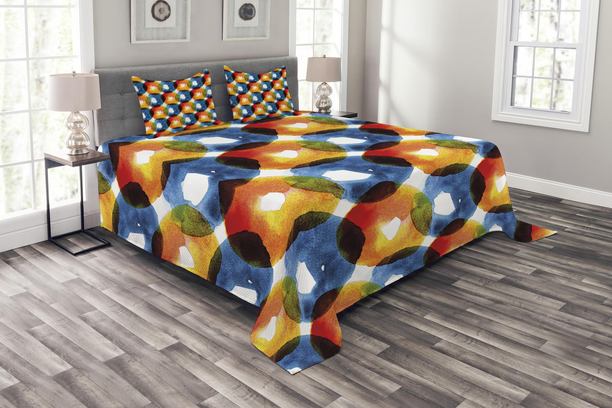 Modern Bedspread Set Queen Size, Watercolor Drawing of Circular Bold ...