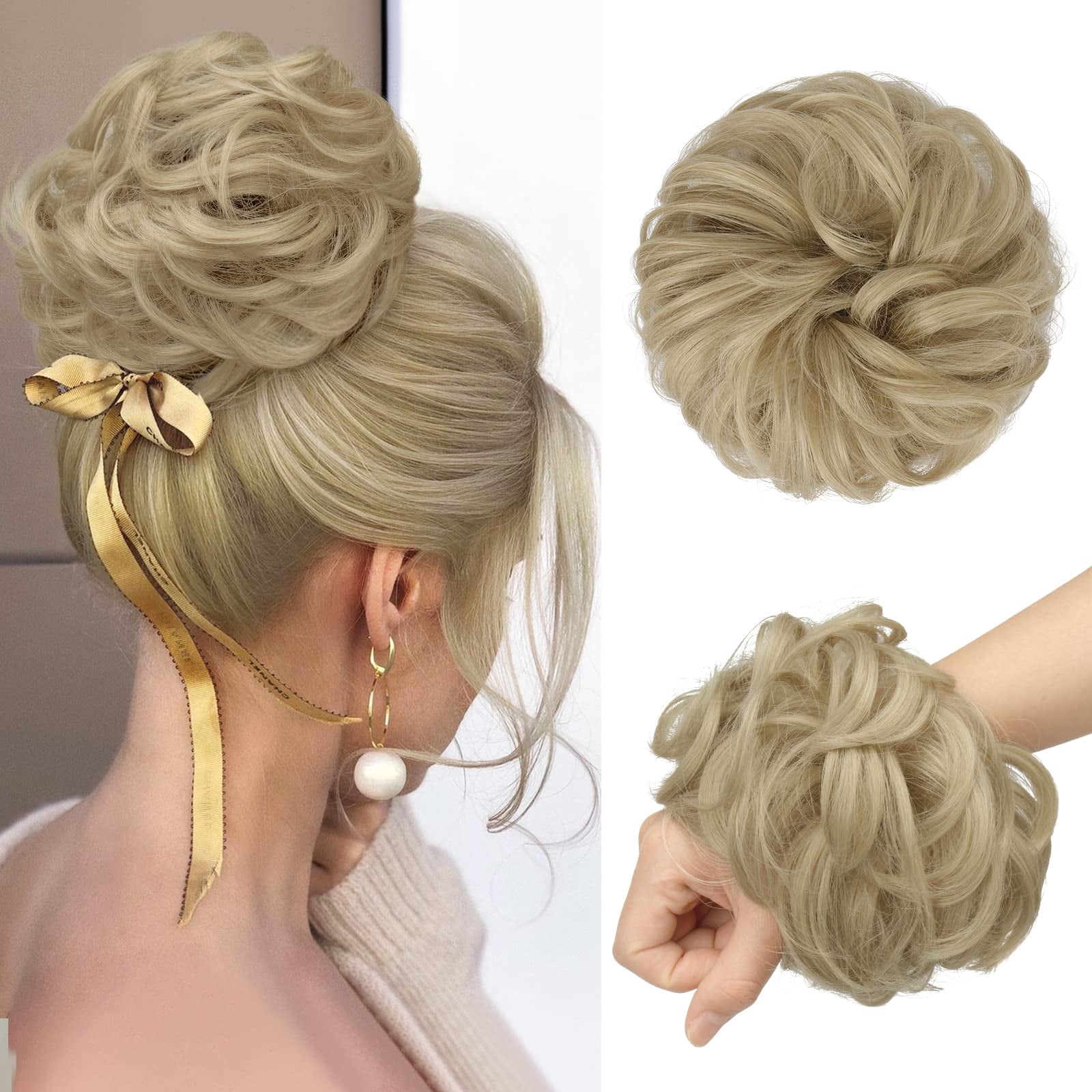 MORICA Messy Bun Hair Piece Wavy Curly Large Pale Ash Blonde Hair Bun ...