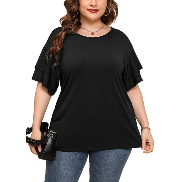 SHOWMALL Plus Size Tops for Women Black 3X Shirt Crewneck Short Sleeve ...