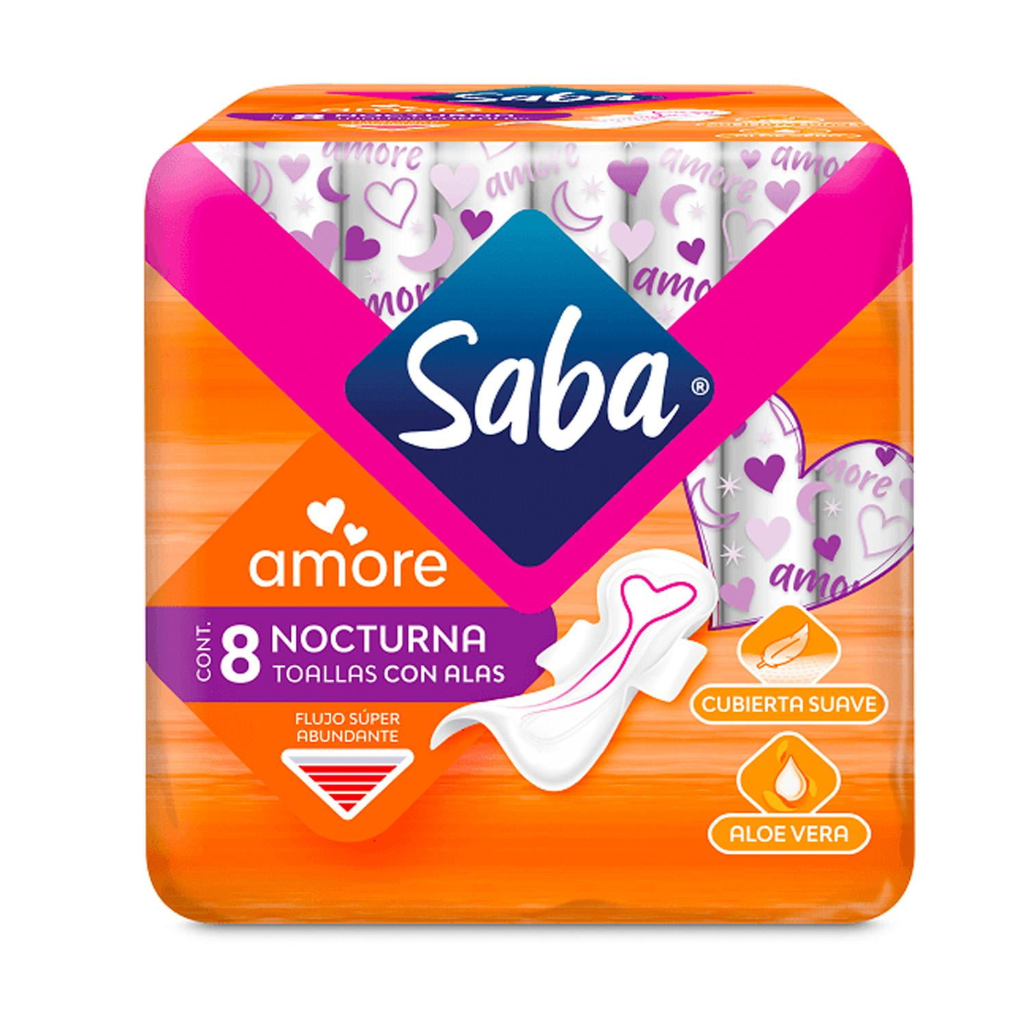 Toallas Sanitarias Saba Amore Nocturna con Alas 8 piezas | Bodega Aurrera en línea