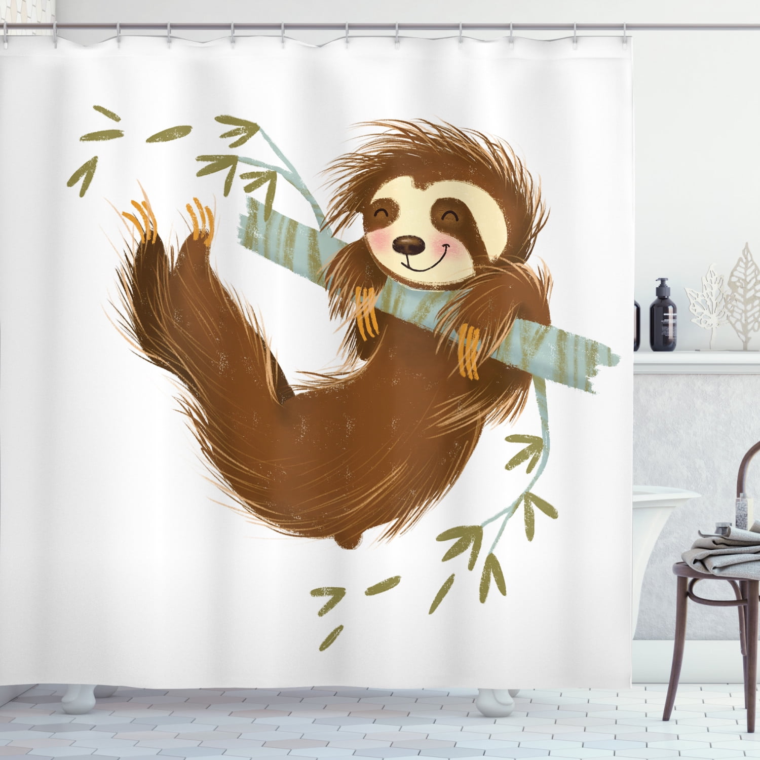 Ambesonne Sloth Shower Curtain, Cheerful Animal on Tree, 69"Wx75"L ...