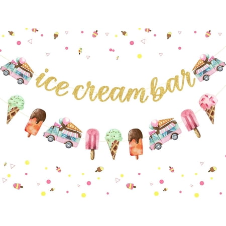 Ice Cream Bar Decorations Kit Gold Glittery Ice Cream Banner Ice Cream ...