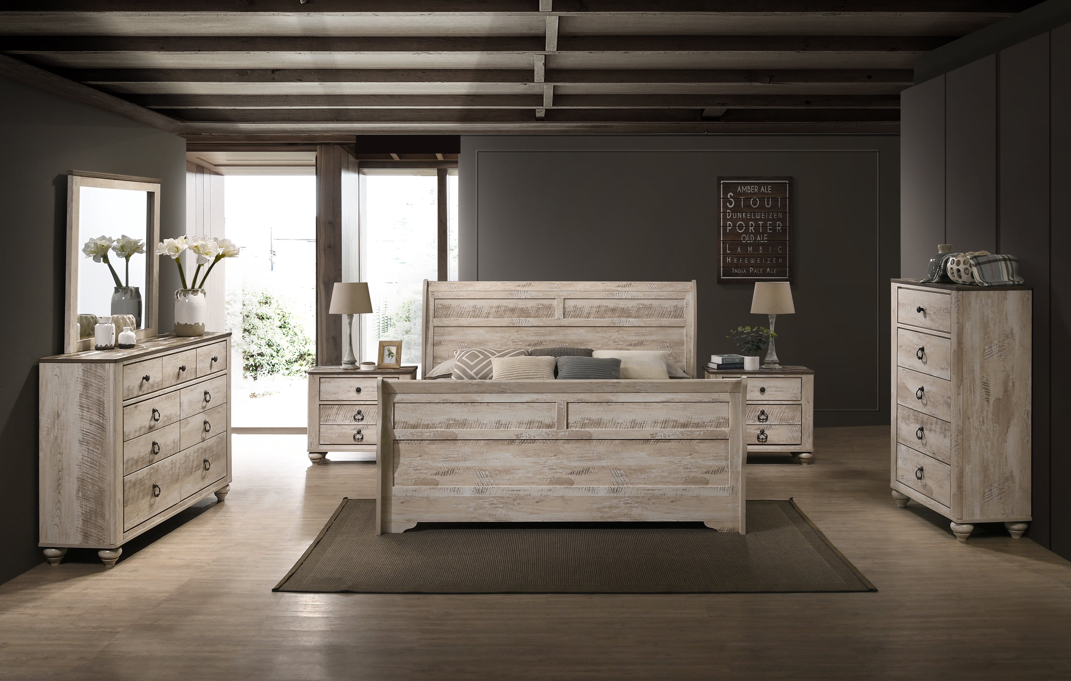 Imerland Contemporary White Wash Finish Bedroom Set with Queen Sleigh ...