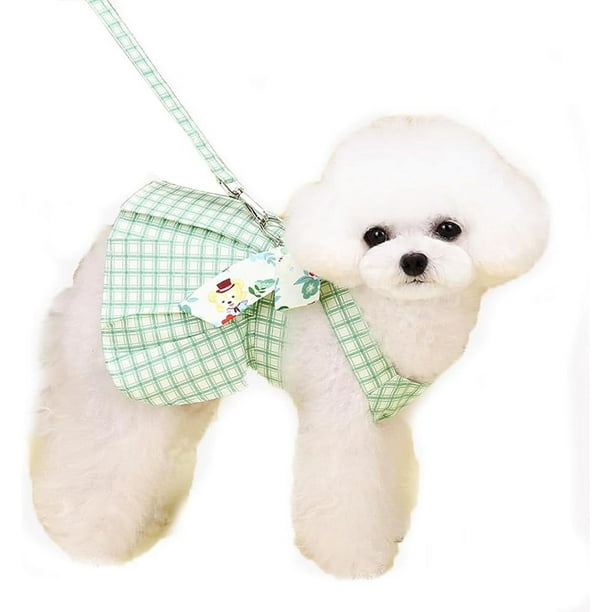 Plaid Dog Dress Harness Leash Set Girl Dog Clothes for Small Dogs Green ...