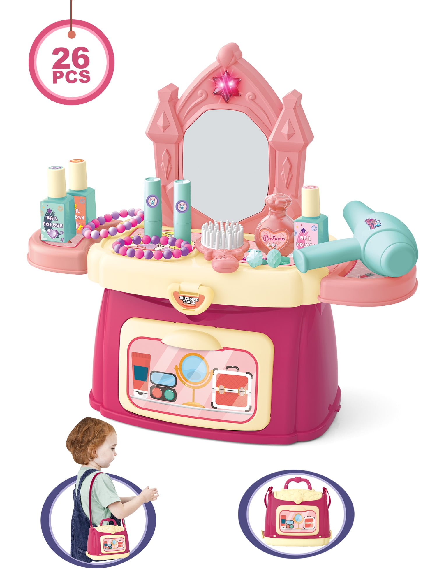 Yexmas 3 in 1 Pretend Play Kids Vanity Table Beauty Mirror and ...