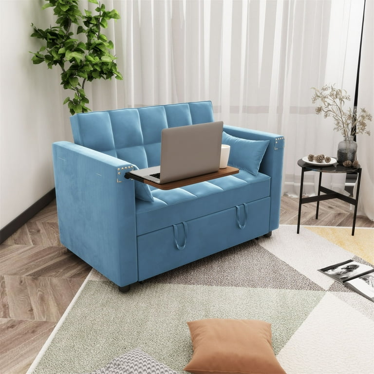 Yocwo Convertible Velvet Sleeper Sofa Bed Modern Sleeper Sofa with Pull Out Bed and Side Coffee Table Lounge Chaise Armchair with 2 Pillows for Home