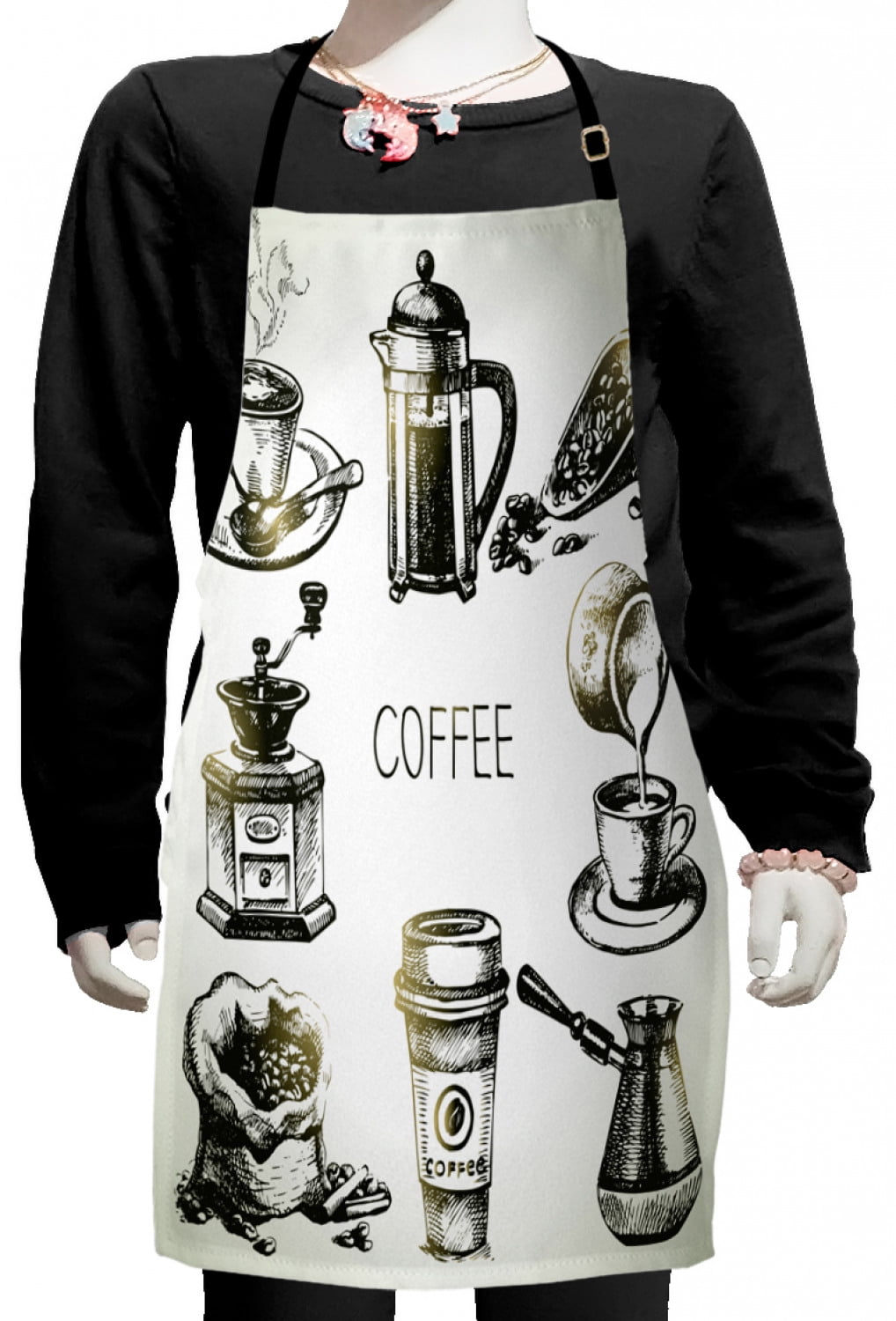 Coffee Kids Apron, Brewing Equipment Doodle Sketch Grinder French Press ...
