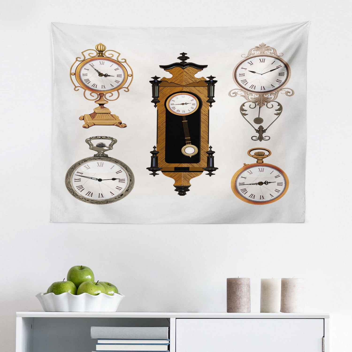 Clock Tapestry, Pattern Faces on It Vintage Style Inspired Illustration ...
