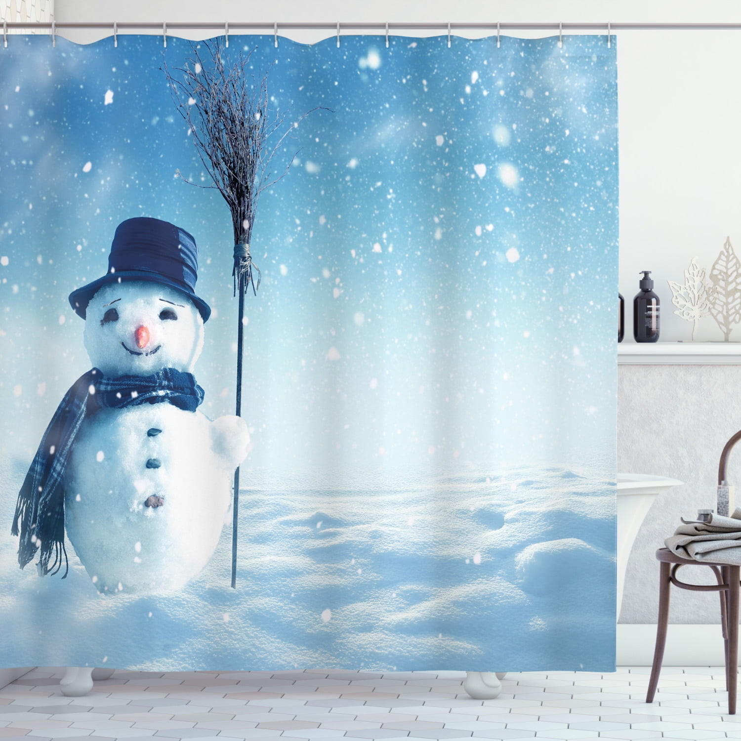 Snowman Shower Curtain Snow Covered Wintry Landscape With Cute Happy
