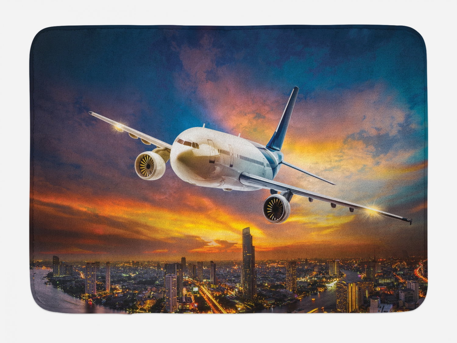 Travel Bath Mat, Aerial View of Airport with Plane on the Air Night ...