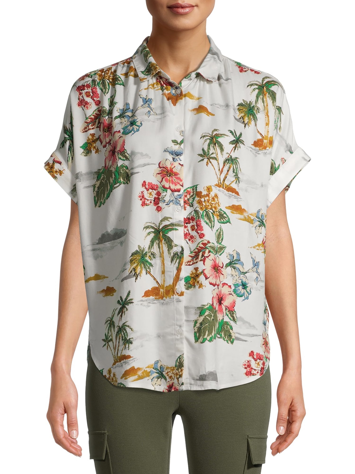 Time and Tru Women's Short Sleeve Button Front Shirt - Walmart.com