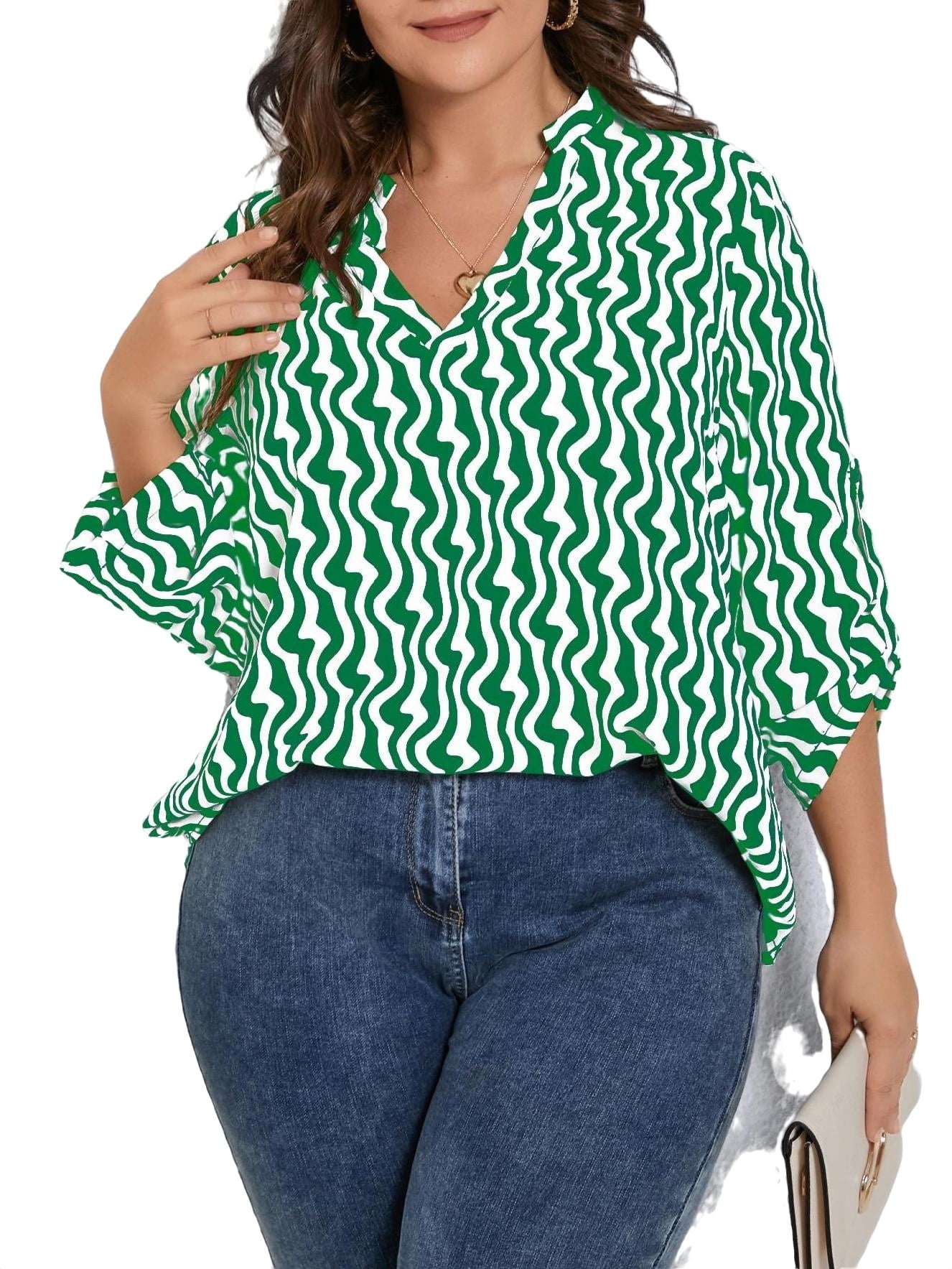 Casual All Over Print Notched Top Long Sleeve Green Plus Size Blouses ...