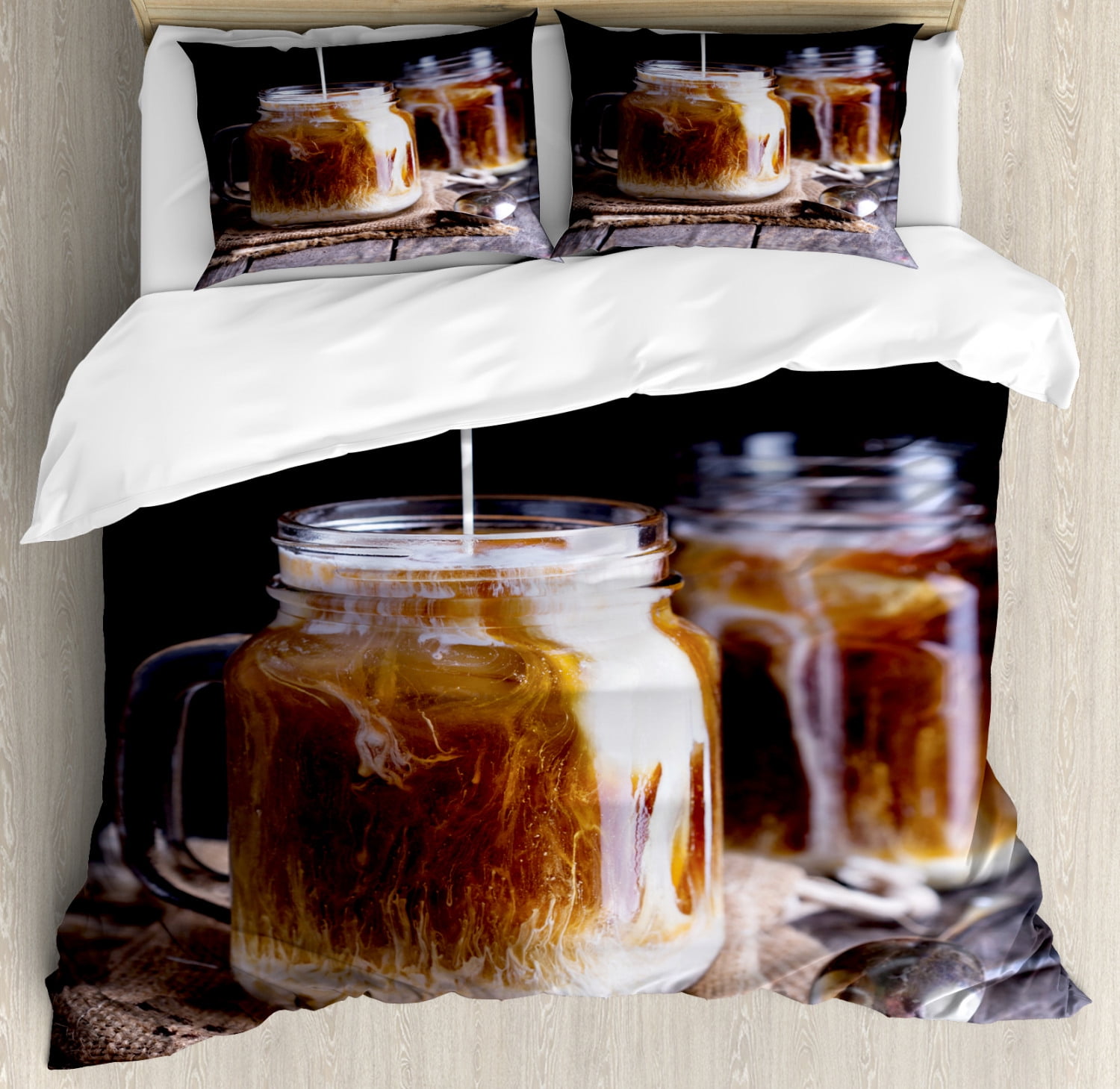 Coffee Duvet Cover Set Queen Size, Illustration of Iced Drink with Milk in Mason Jars on a ...