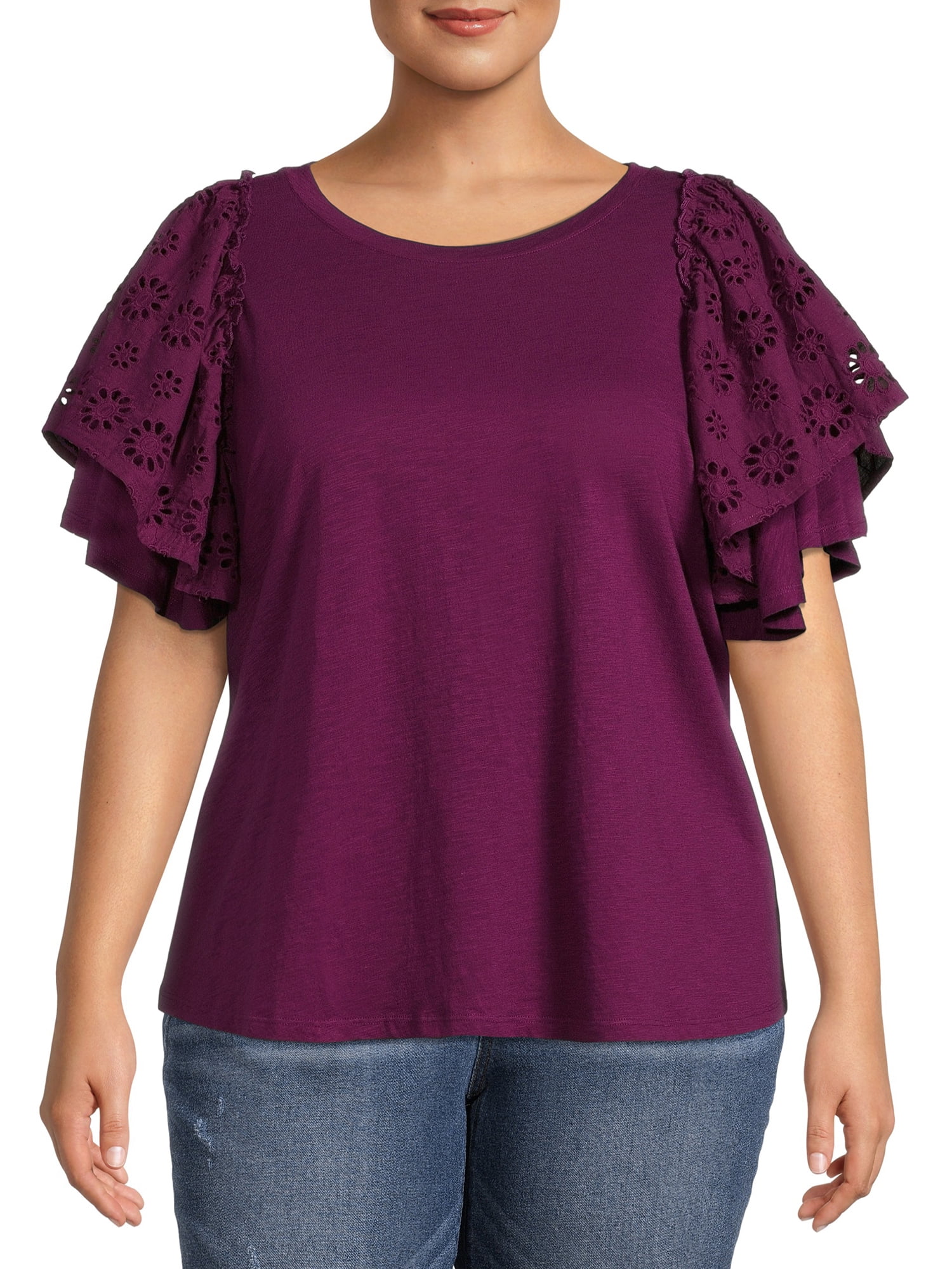 Terra & Sky Women's Plus Size Eyelet Flutter Sleeve Top - Walmart.com