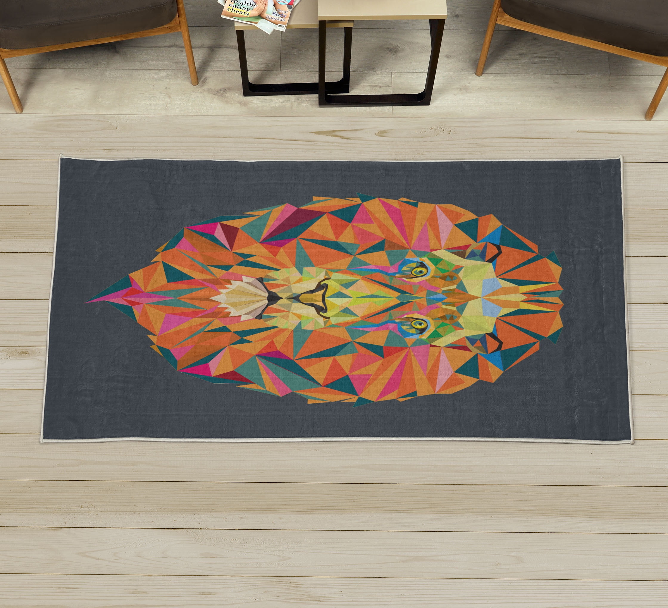 Zoo Decorative Rug, Colorful Animals Geometric Diamond Face Lions Mane ...