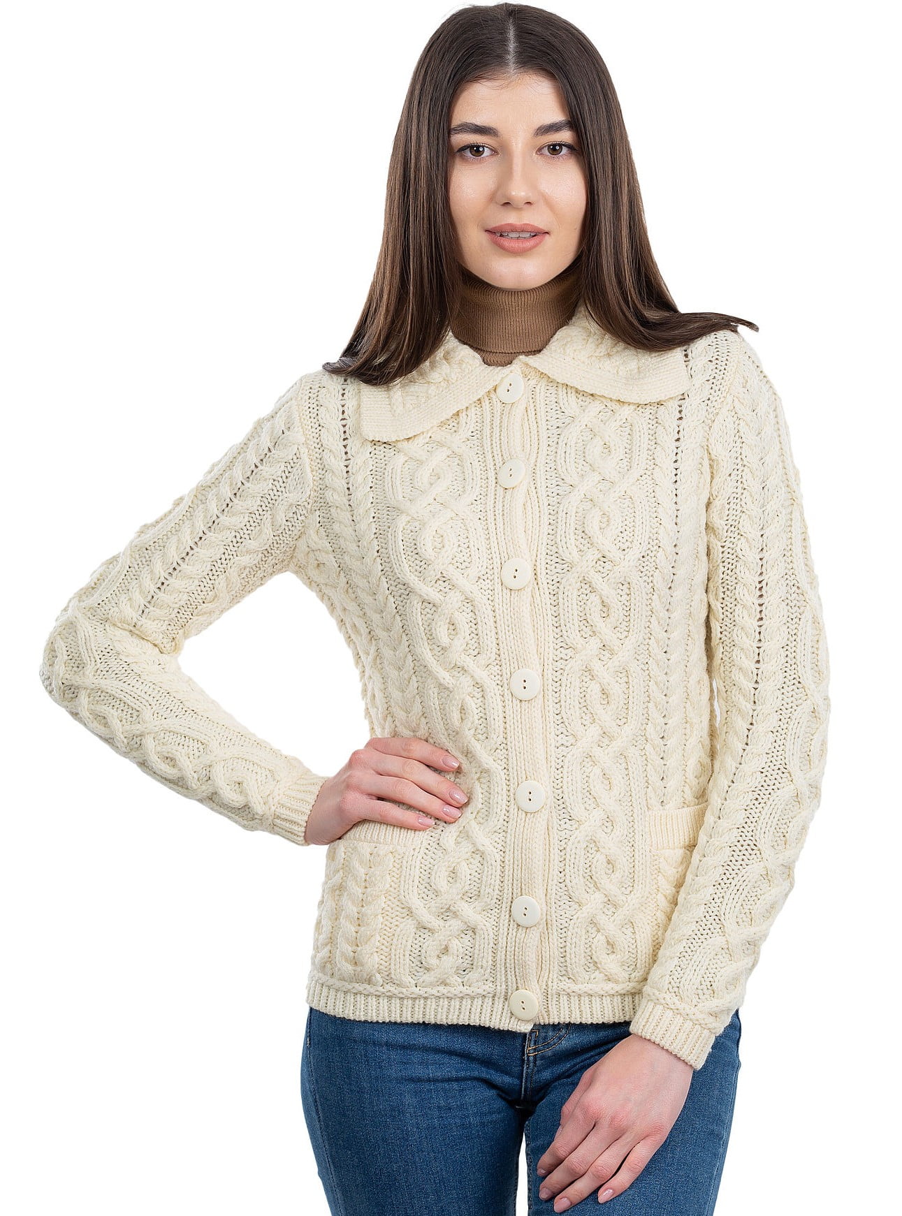 SAOL 100% Merino Wool Women's Aran Cable Knit Cardigan Sweater Button ...