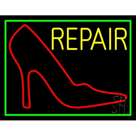 Red Boot Yellow Repair LED Neon Sign 16 x 16 - inches, Black Square Cut ...