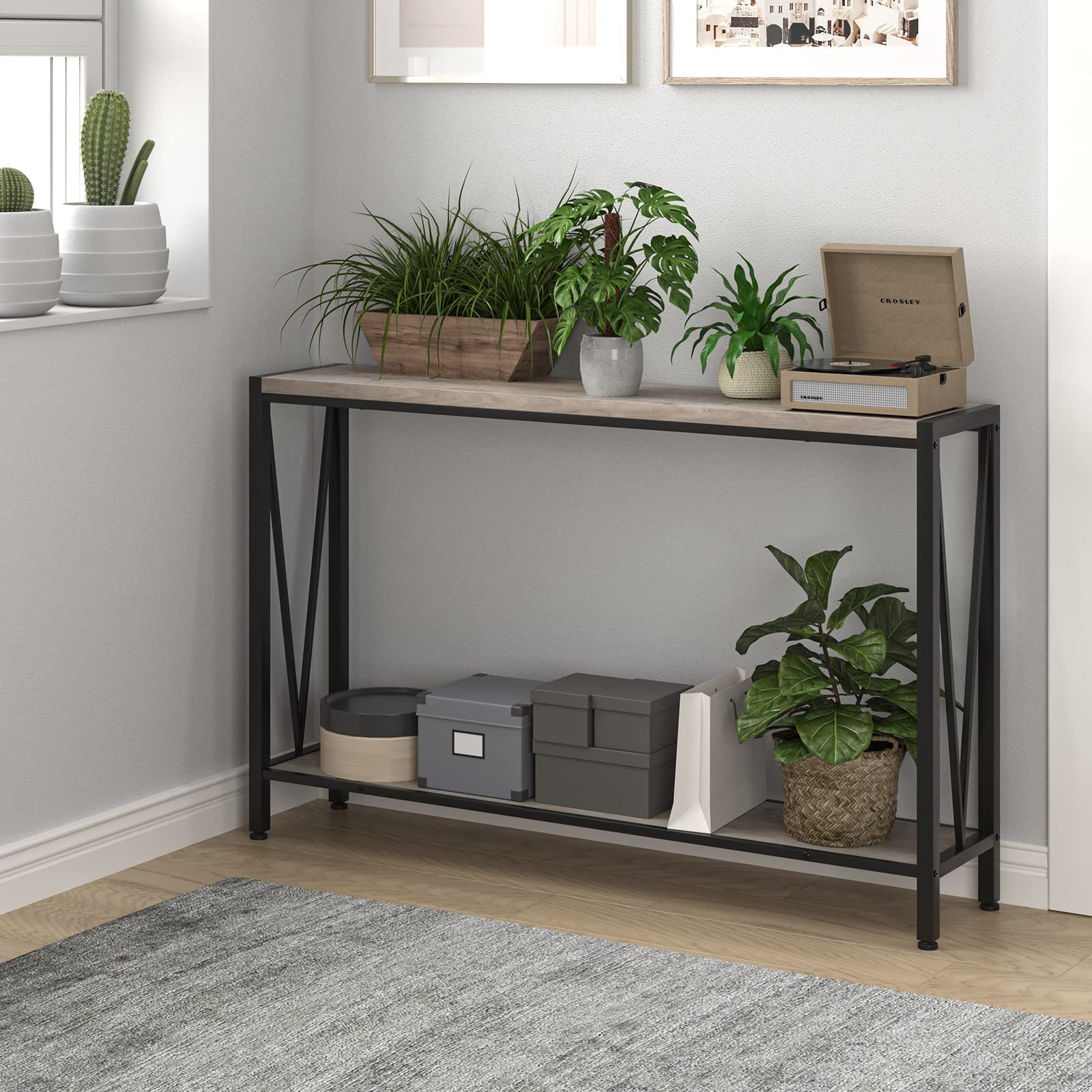 Litake Grey Console Table, 47.2" Grey Entryway Table, Industrial 2-Tier ...