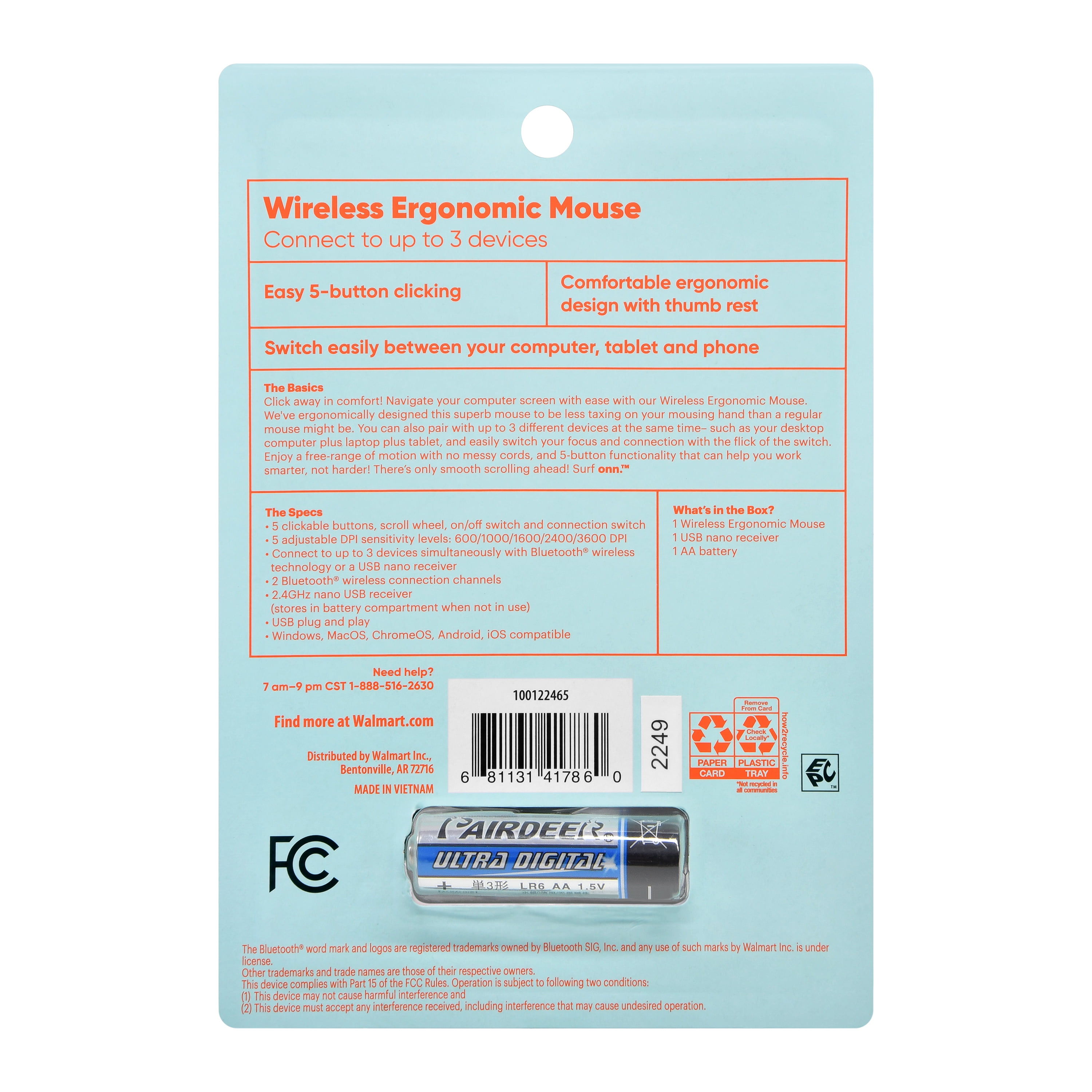 Brandclub - onn. Wireless Ergonomic Mouse, Wireless, Bluetooth, USB ...