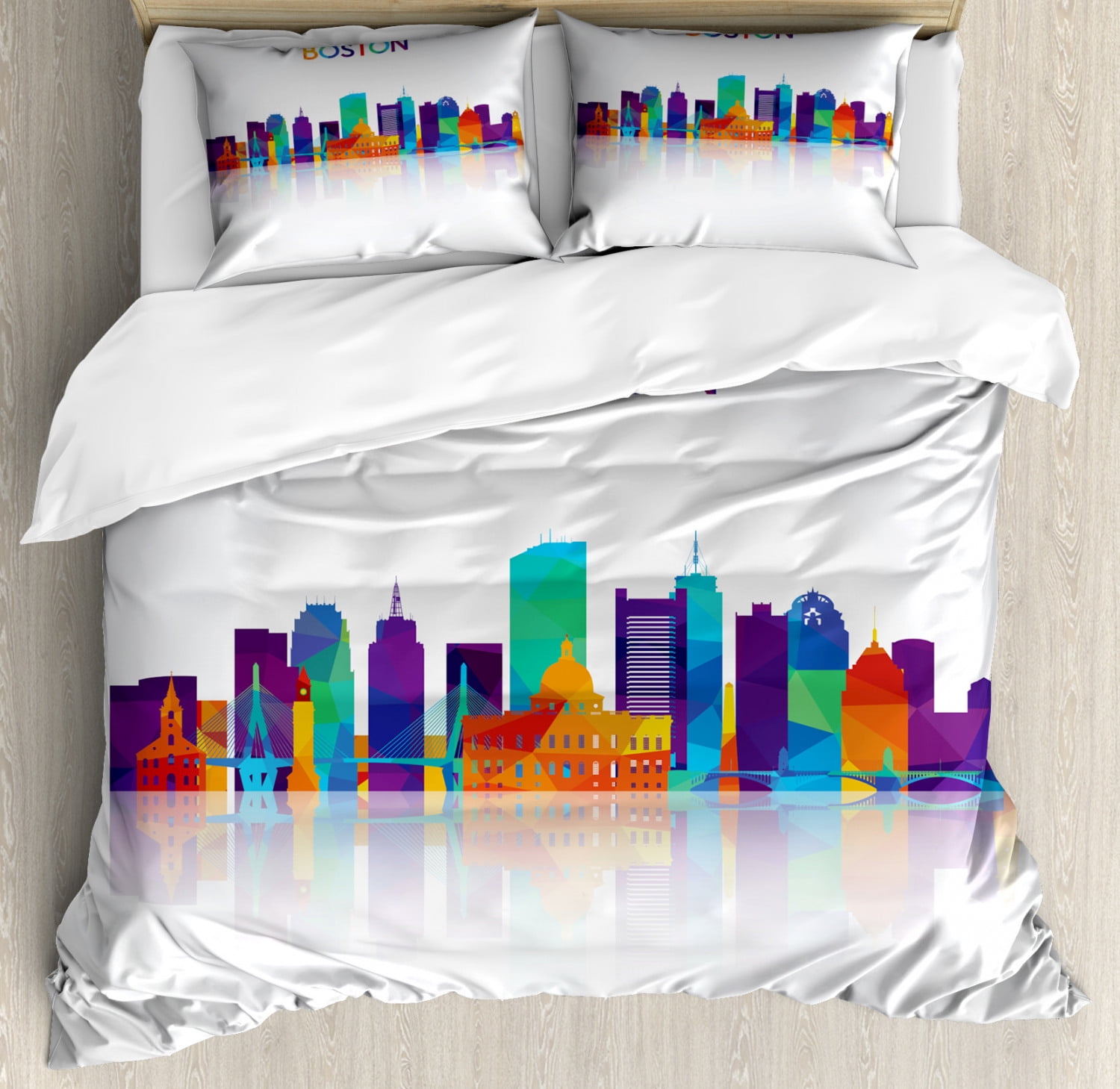 Boston King Size Duvet Cover Set, Skyline Silhouette of Vibrant Rainbow ...