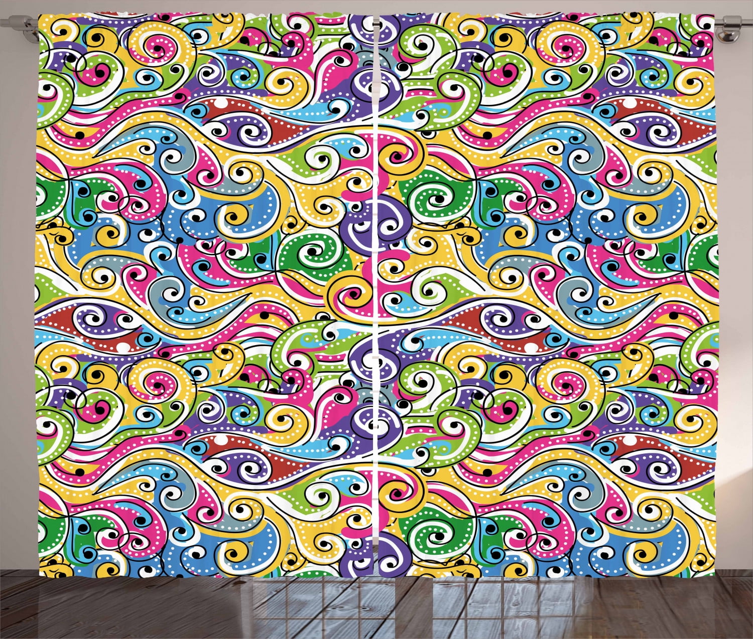 Wave Curtains 2 Panels Set, Funky Colored Curves with Spiraling Ends ...