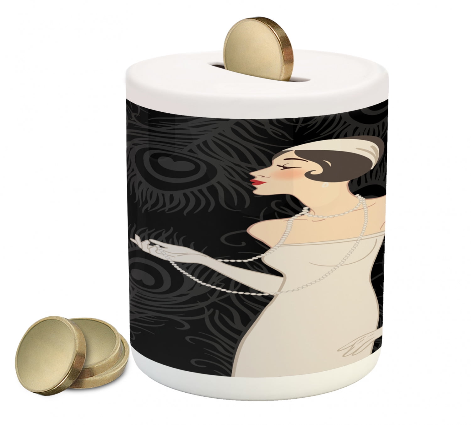 Old Hollywood Piggy Bank, Pale Skin Lady with Long White Dress on Art ...