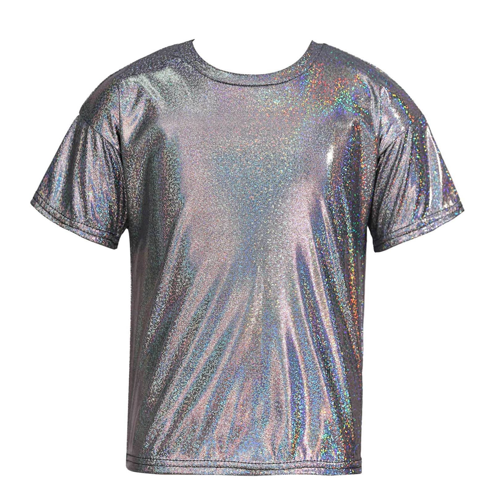 inhzoy Girls Boys Shiny Metallic Modern Dance Jazz Top Short Sleeve ...