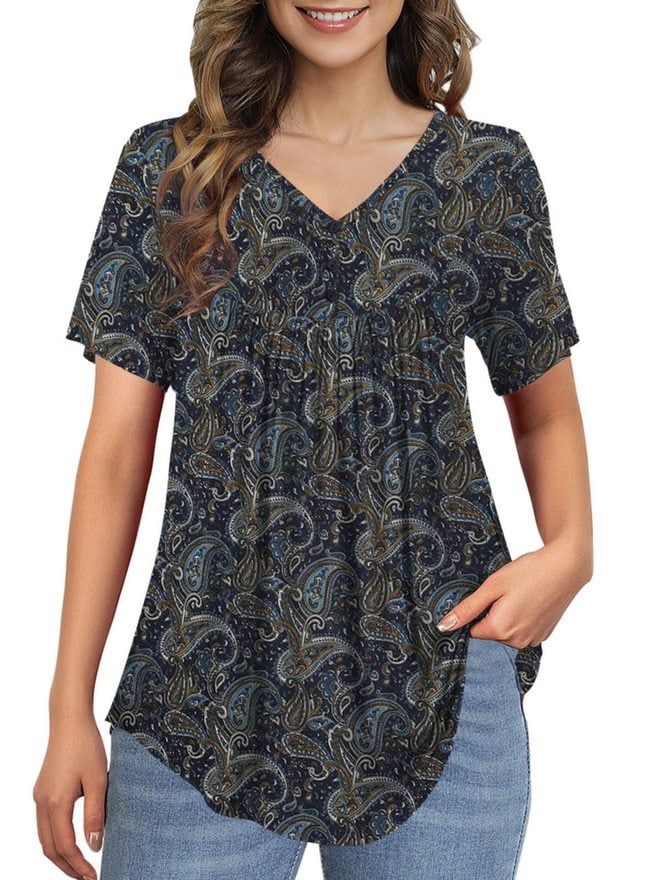 McVanedy Women's Pleated Flare Top V Neck Button Plus Size Short Sleeve ...