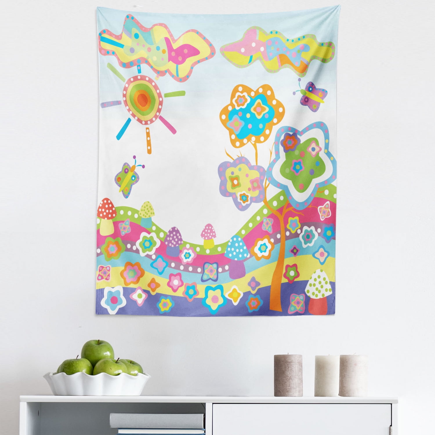 Cartoon Tapestry, like Drawing of a Hill with Colorful Sun a Tree and ...