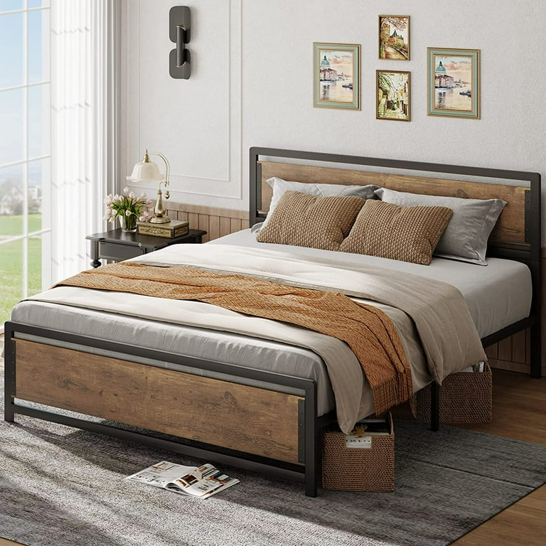 Queen Bed Frame Queen Size Bed Frame with Wood Headboard and Footboard Under Bed Storage 800lbs Retro