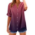 Dwellite Womens 3/4 Sleeve Button Down Shirts Linen Short Sleeve Tops V ...