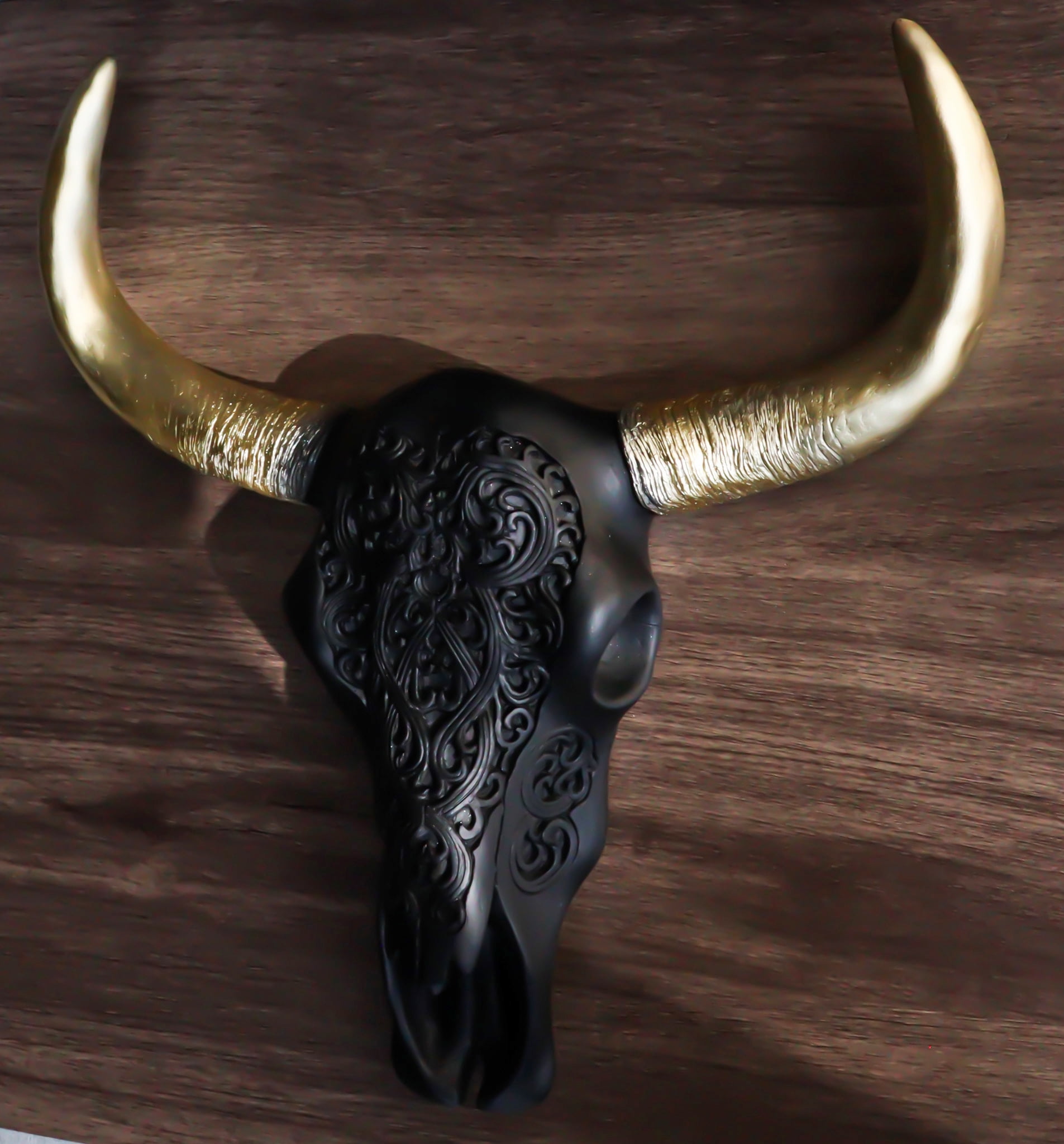 Black And Gold Tribal Floral Tattoo Tooled Filigree Bull Cow Skull Wall ...